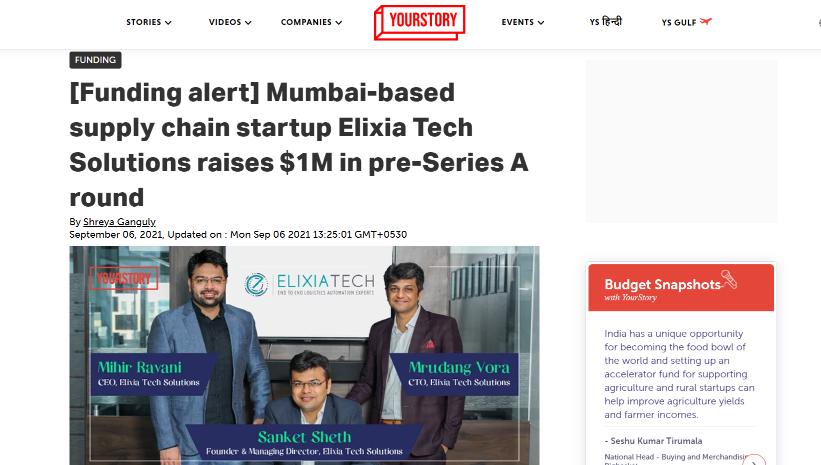 [Funding alert] Mumbai-based supply chain startup Elixia Tech Solutions raises $1M in pre-Series ...